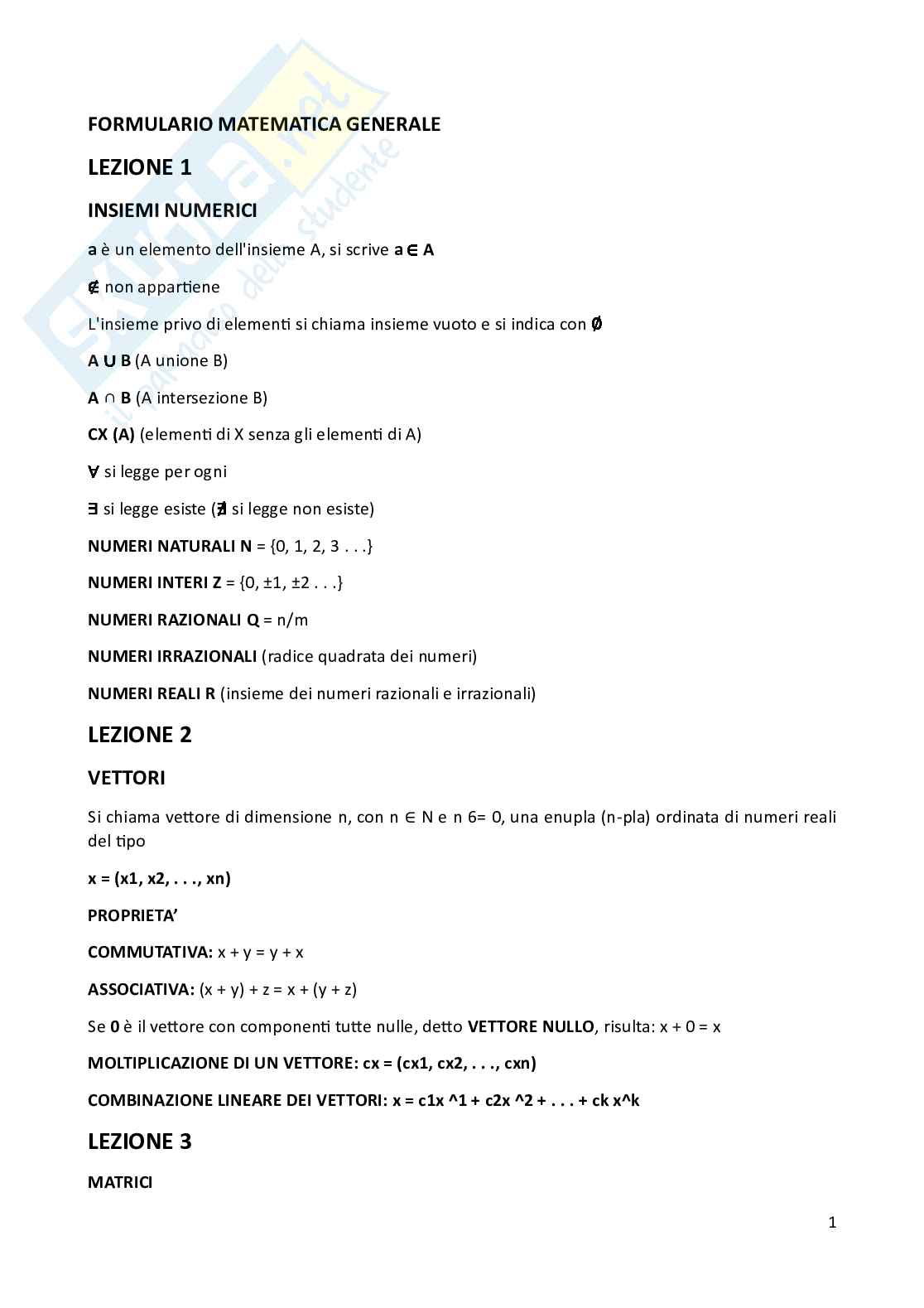 Formulario Matematica per l'economia e la finanza
