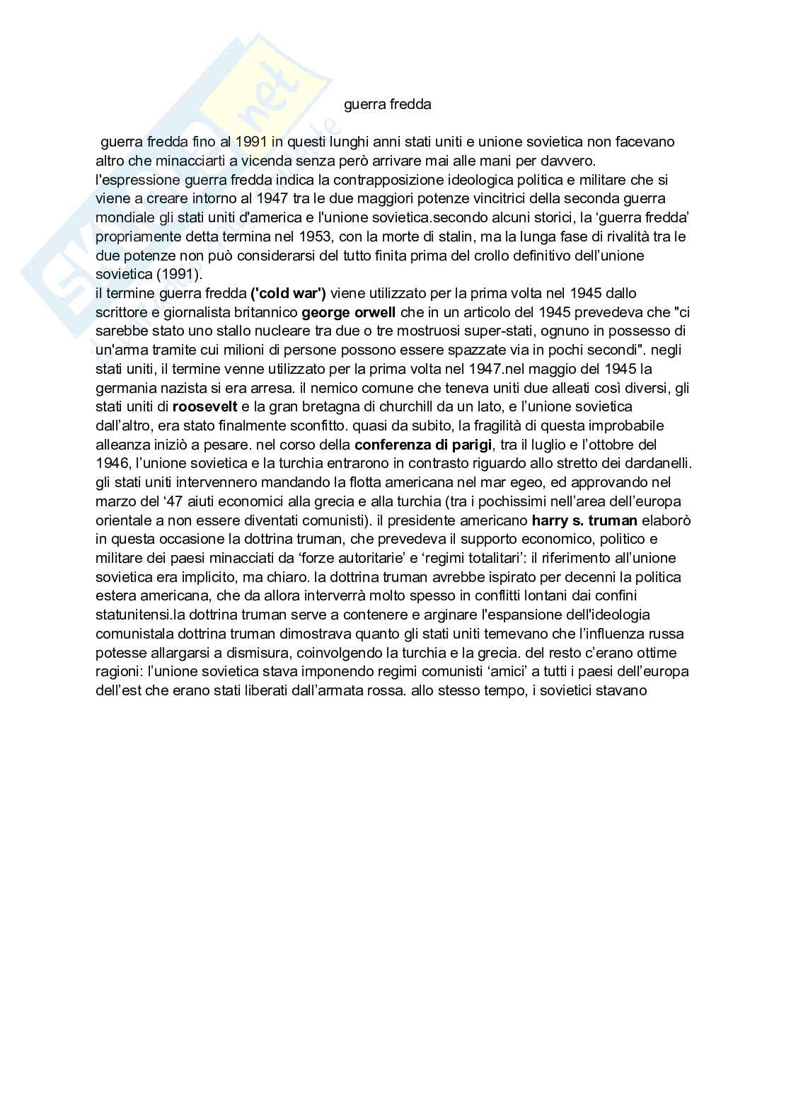 Appunti Storia contemporanea - Guerra Fredda