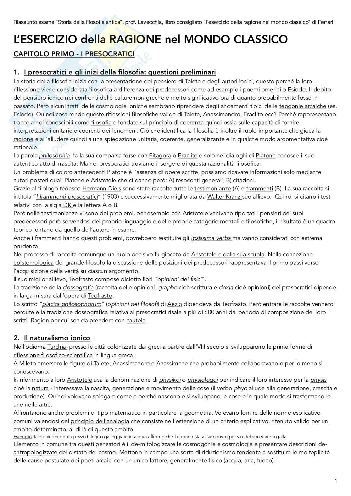 Riassunto esame Storia della filosofia antica, prof. Lavecchia, libro ...