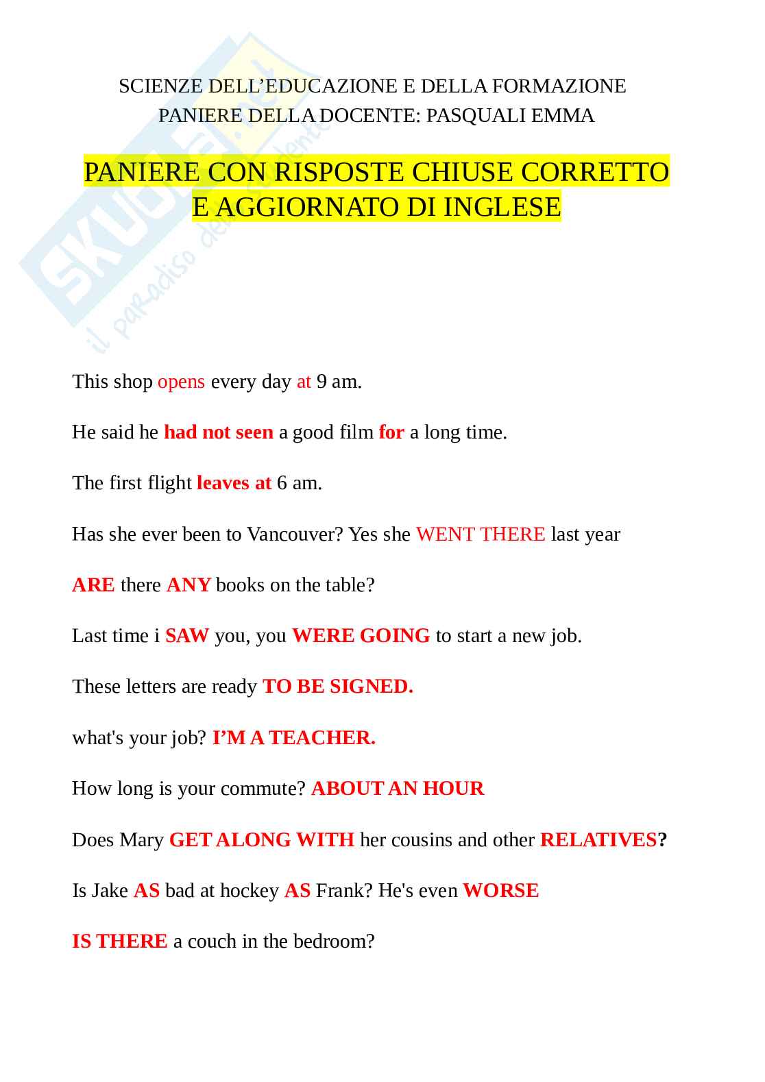 Paniere con risposte chiuse di Inglese corretto e aggiornato