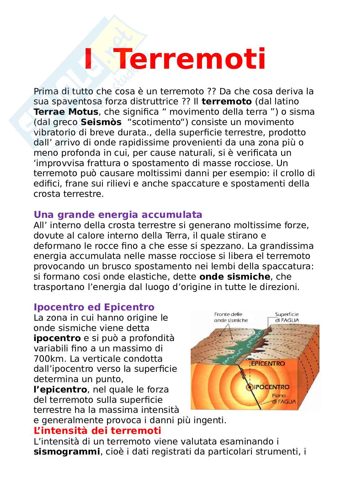 Terremoti, sismi - Tesina per scuola media