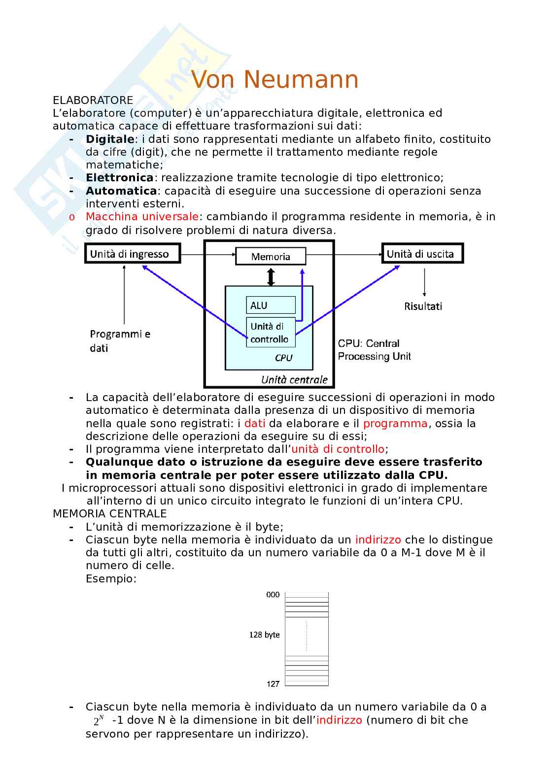 Appunti di Fondamenti di Informatica teoria - von Neumann