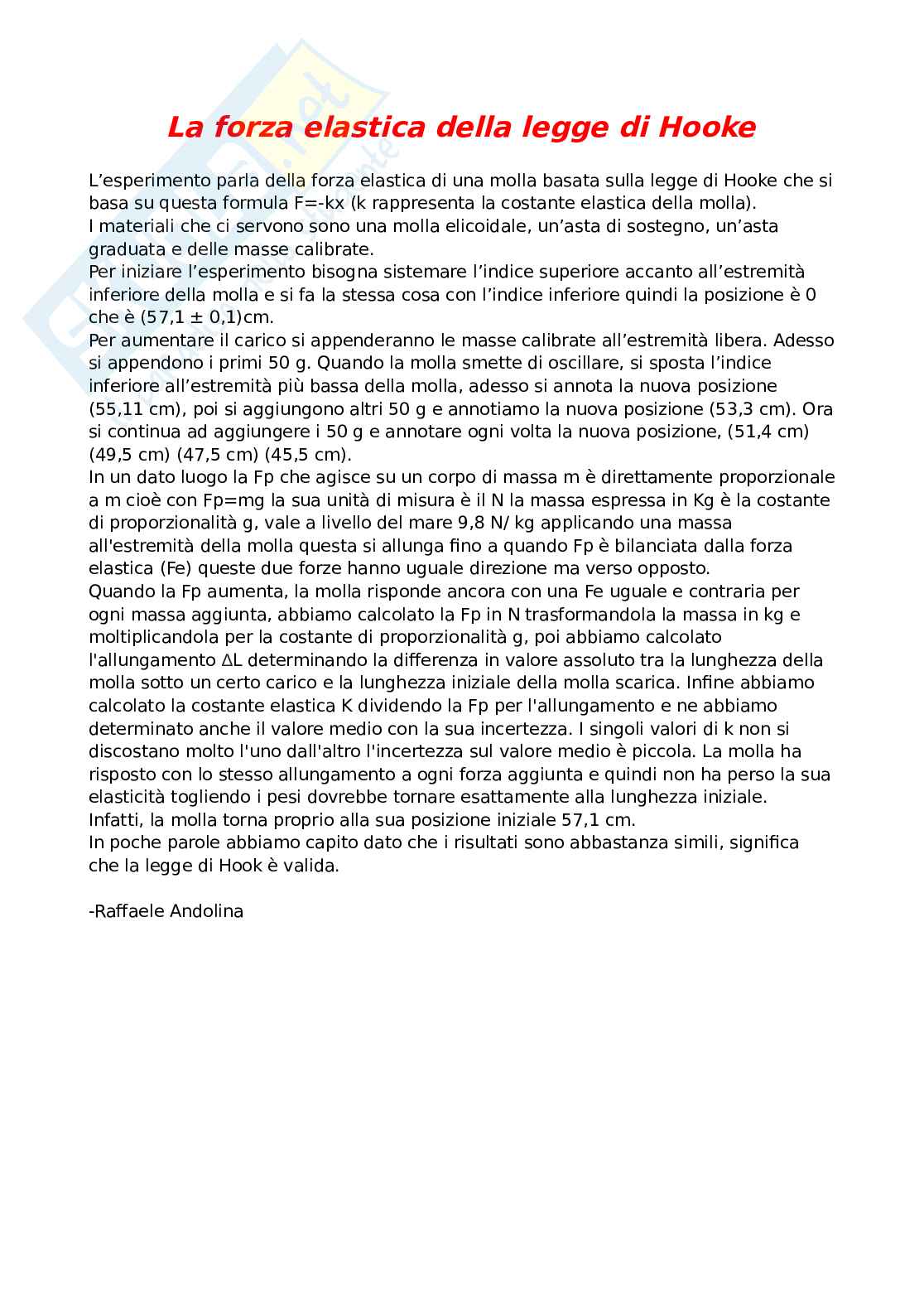 Forza elastica di una molla basata sulla legge di Hooke