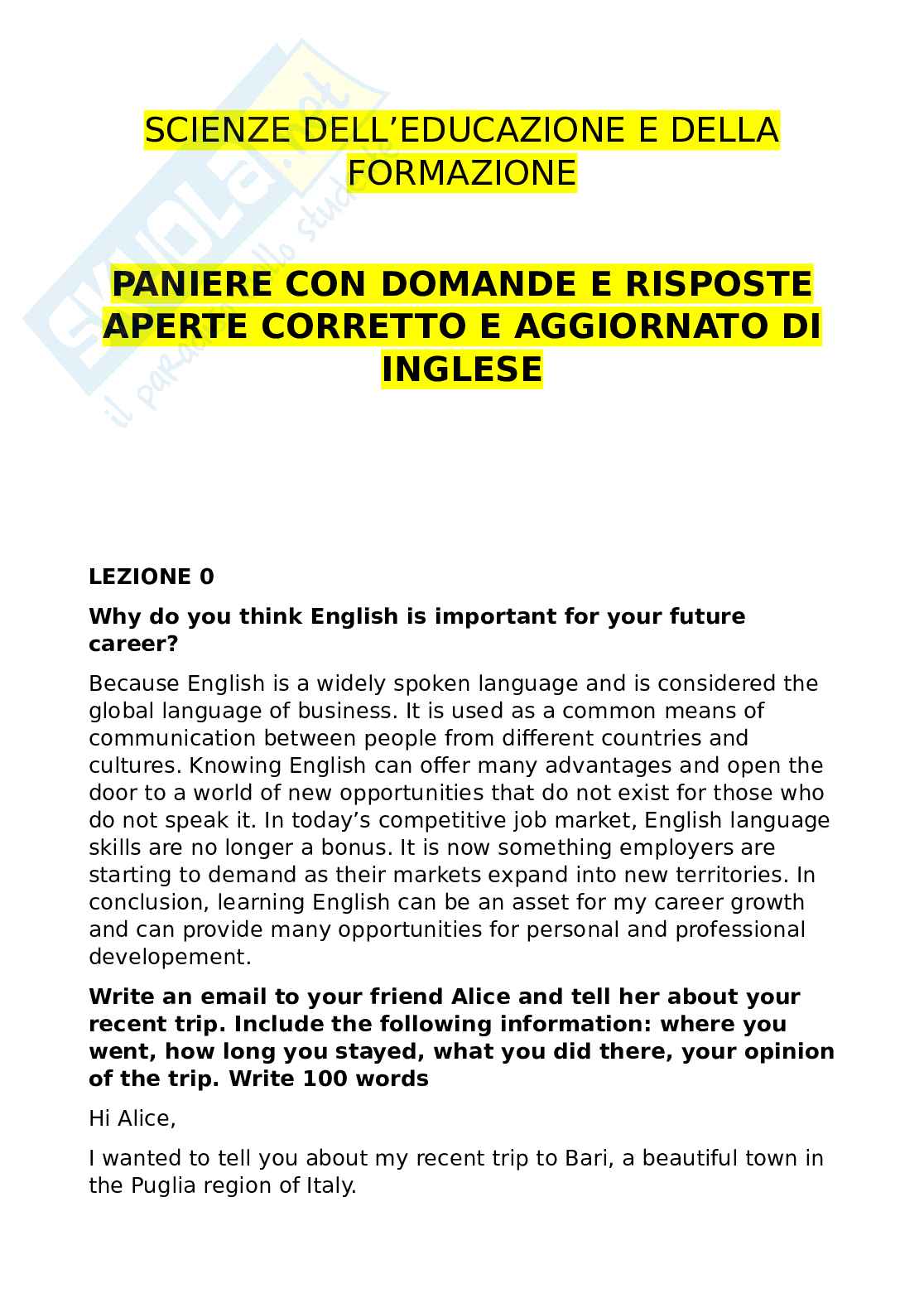 Paniere con risposte aperte di Inglese corretto