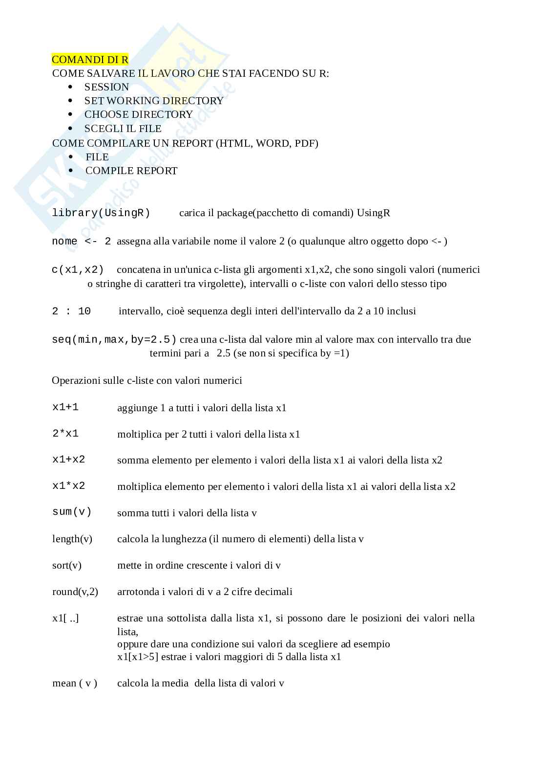 Lista completa comandi di R Studio