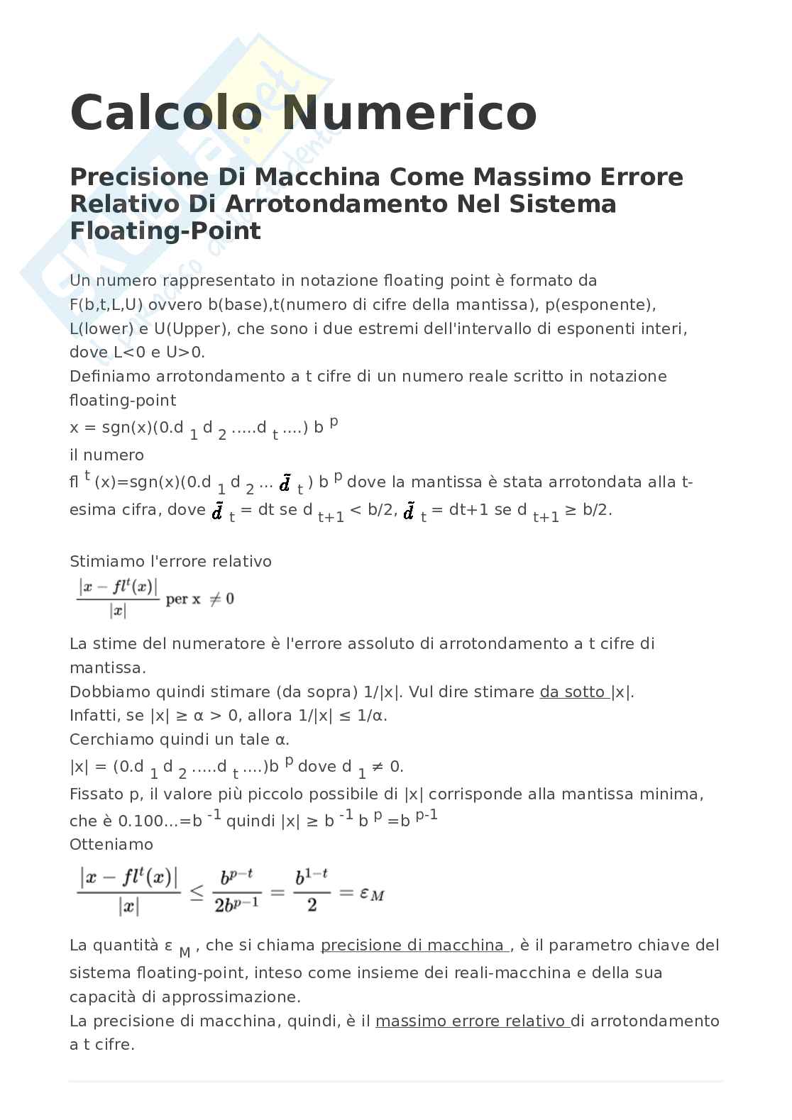 Domande di Teoria Calcolo numerico (Syllabus Dimostrazioni Irrinunciabili)
