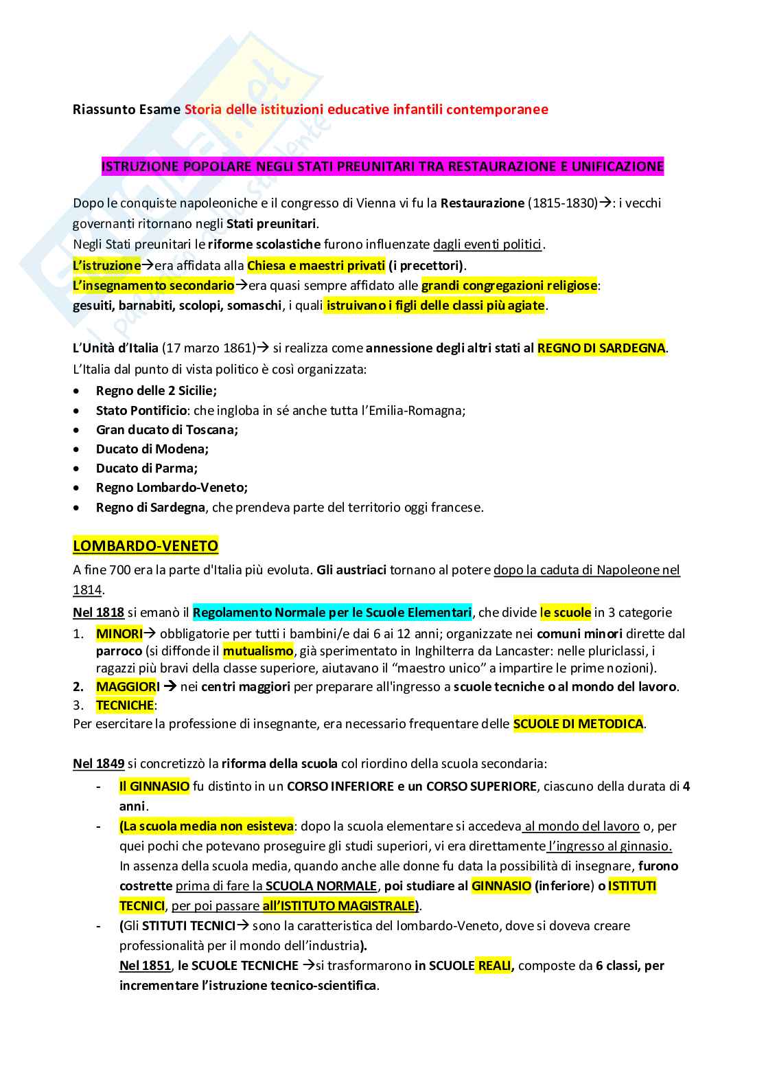 Riassunto Esame Storia delle istituzioni educative infantili ...