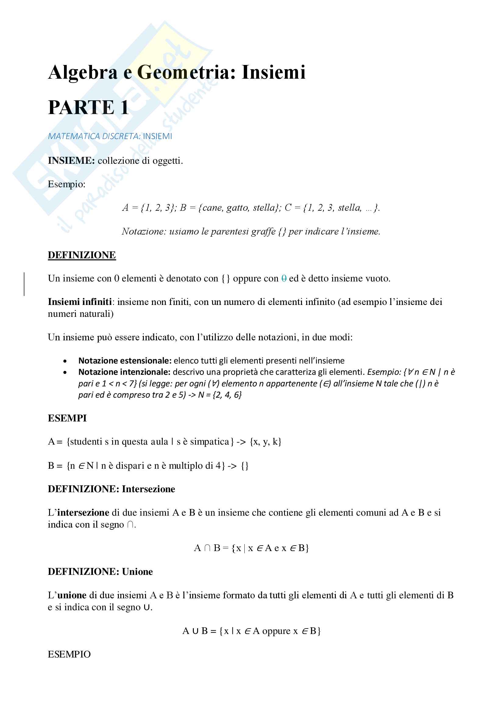 Insiemi: Appunti di algebra e geometria