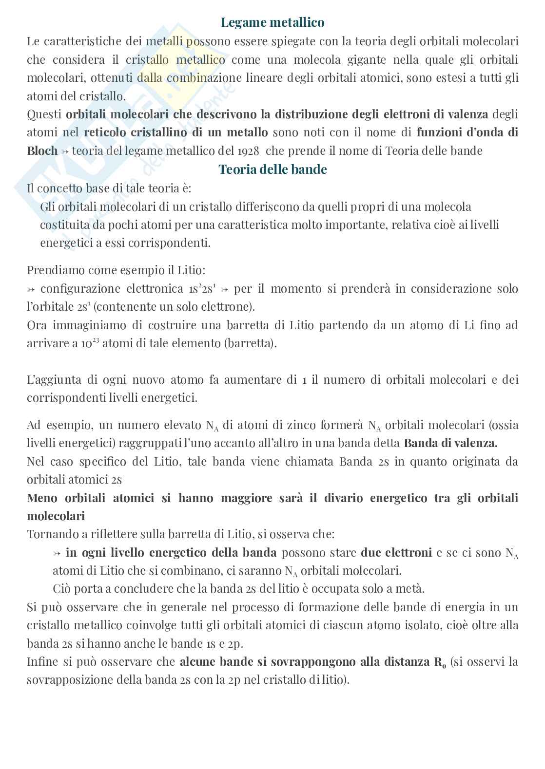 Legame metallico, ionico e legami deboli + Teoria delle bande