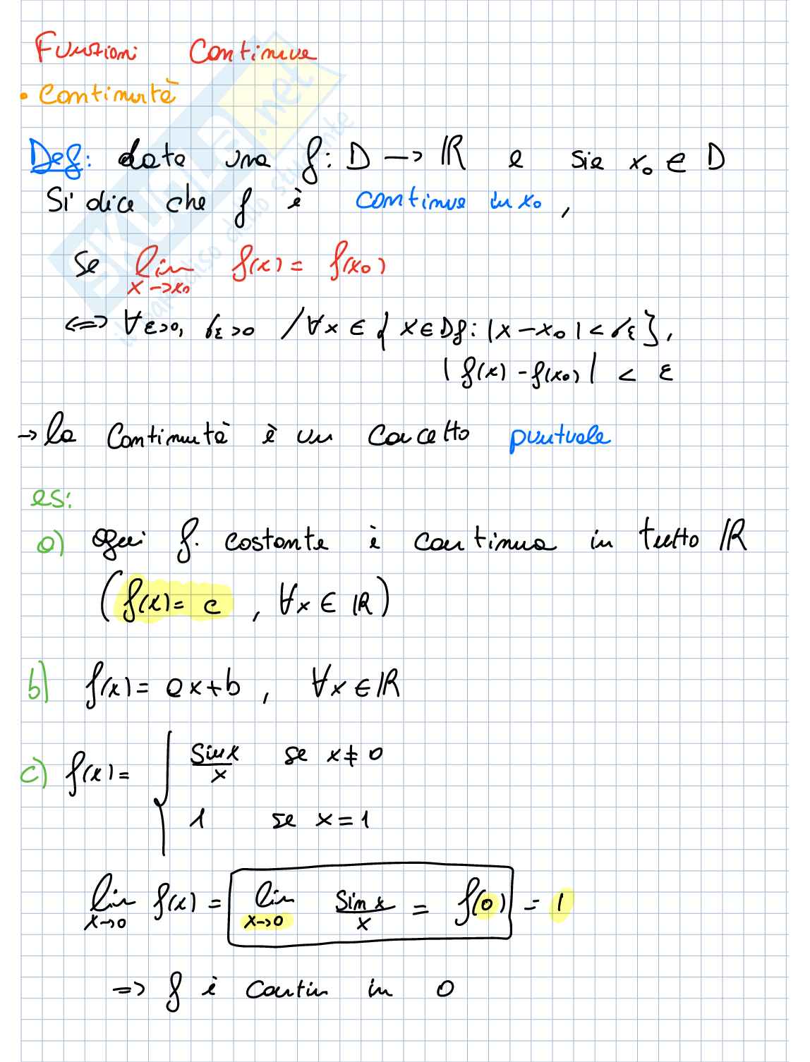 Funzioni continue e teoremi sulla continuità