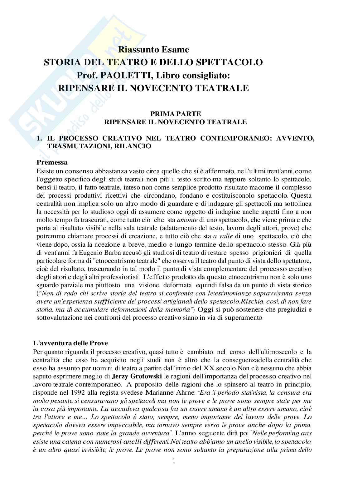 Riassunto esame Storia del teatro e dello spettacolo, Prof. Matteo ...