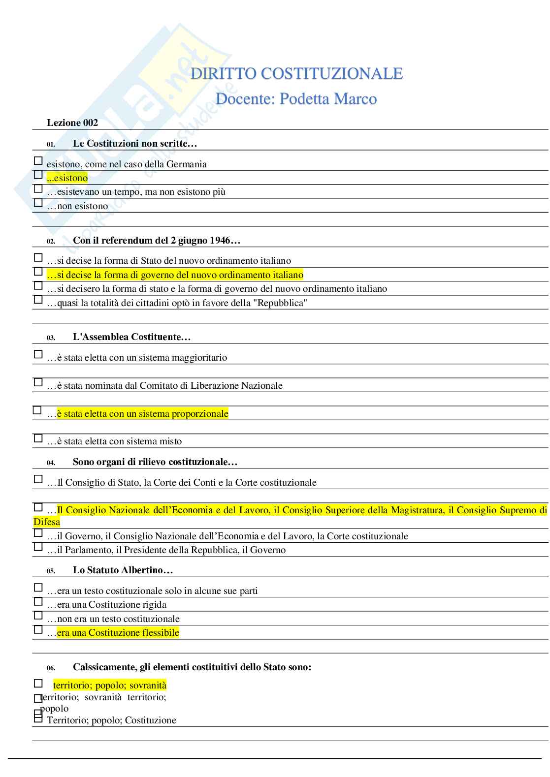 Paniere completo con risposte aperte e chiuse di diritto costituzionale