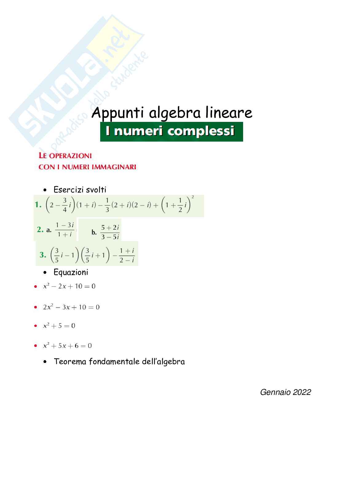 Algebra lineare, le operazioni con i numeri immaginari