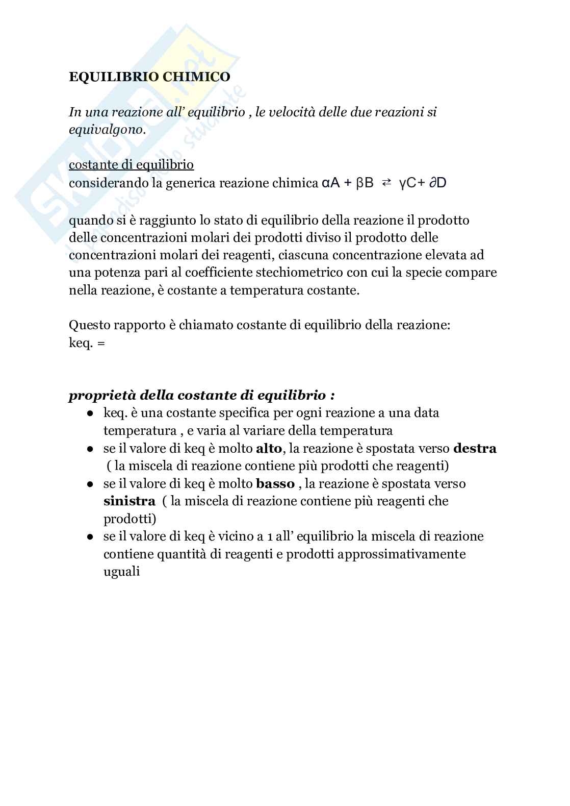 Appunti di Chimica sull'equilibrio chimico