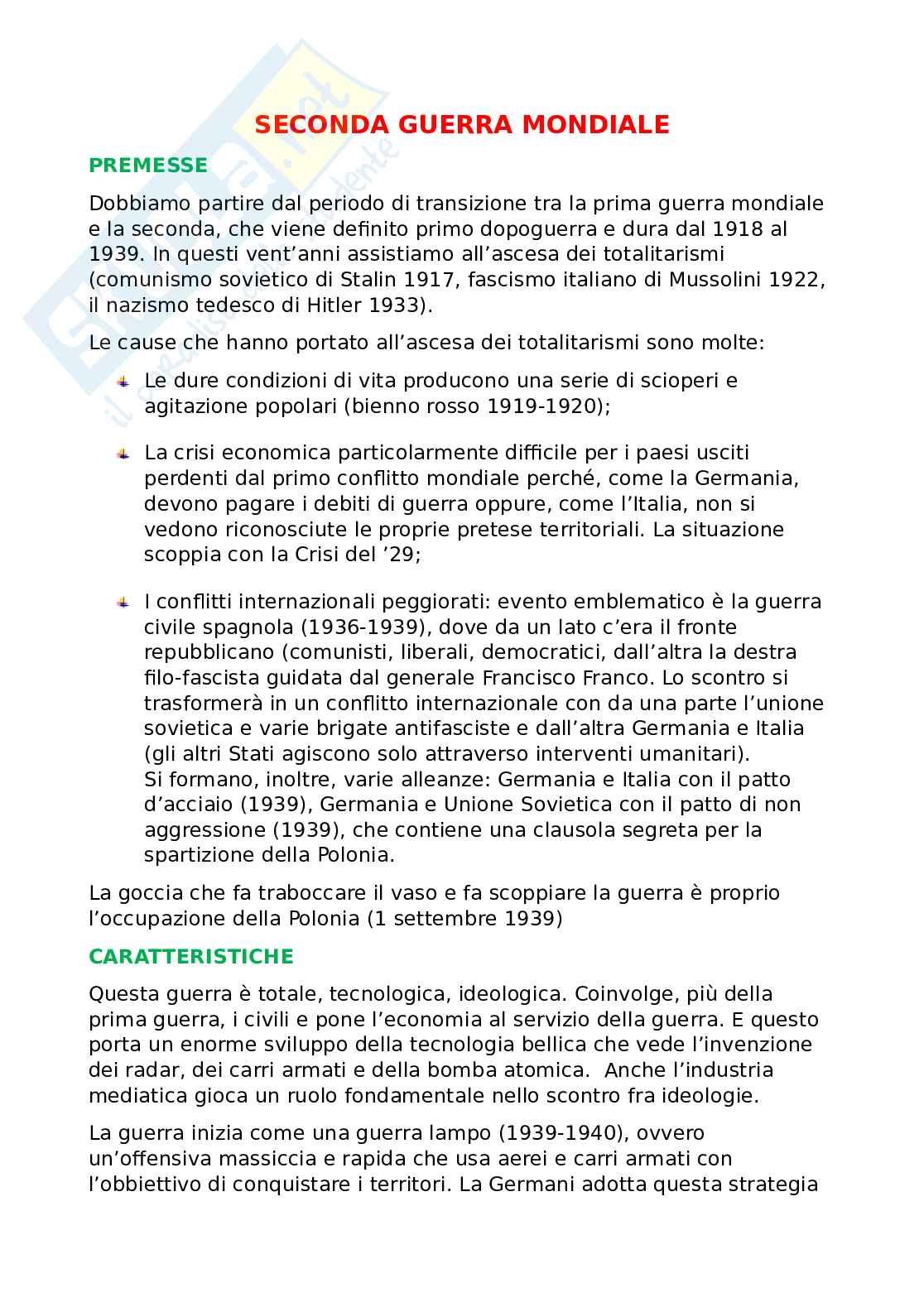 Seconda Guerra Mondiale - Riassunto preciso