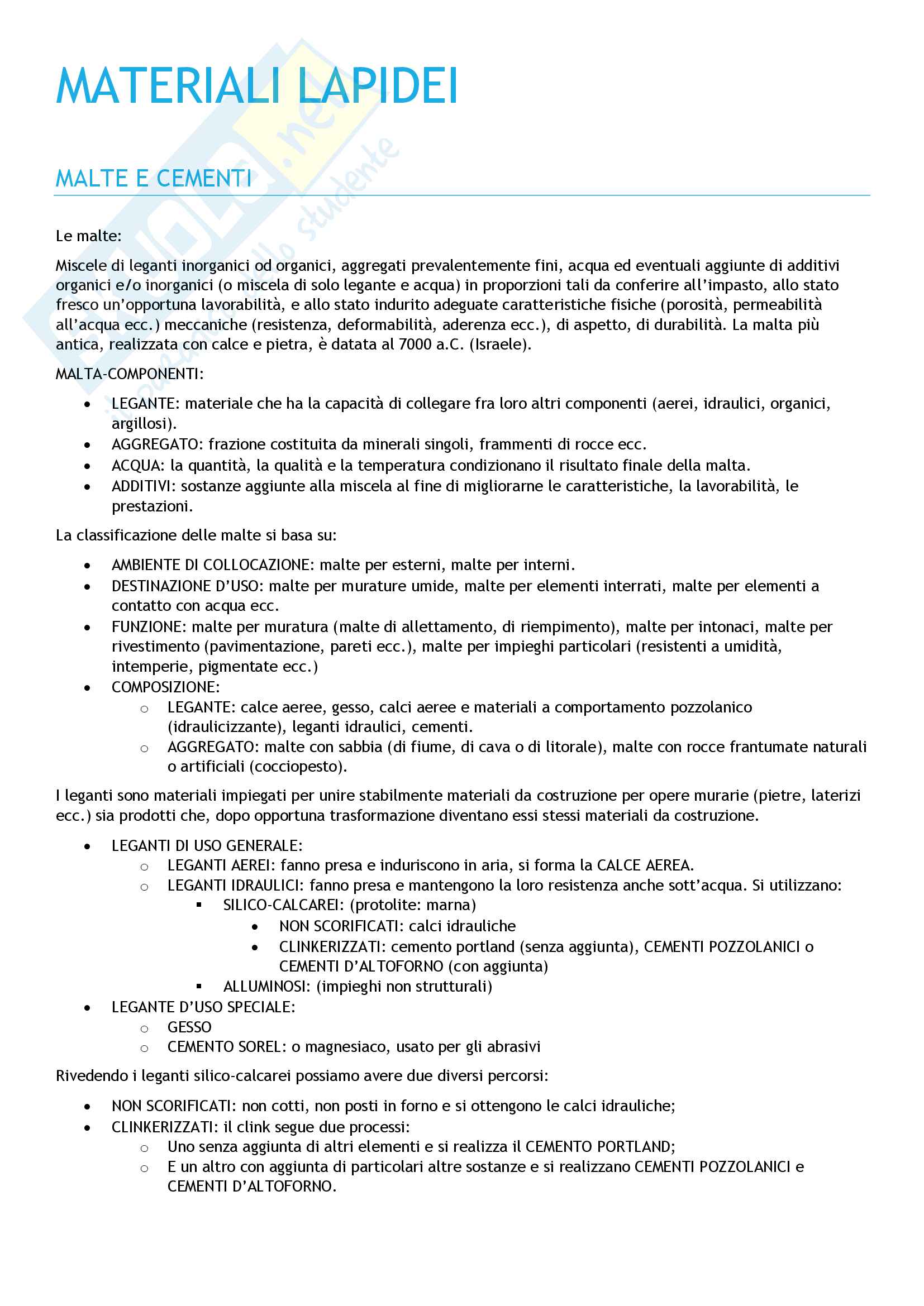 Lezioni: Appunti di Materiali lapidei