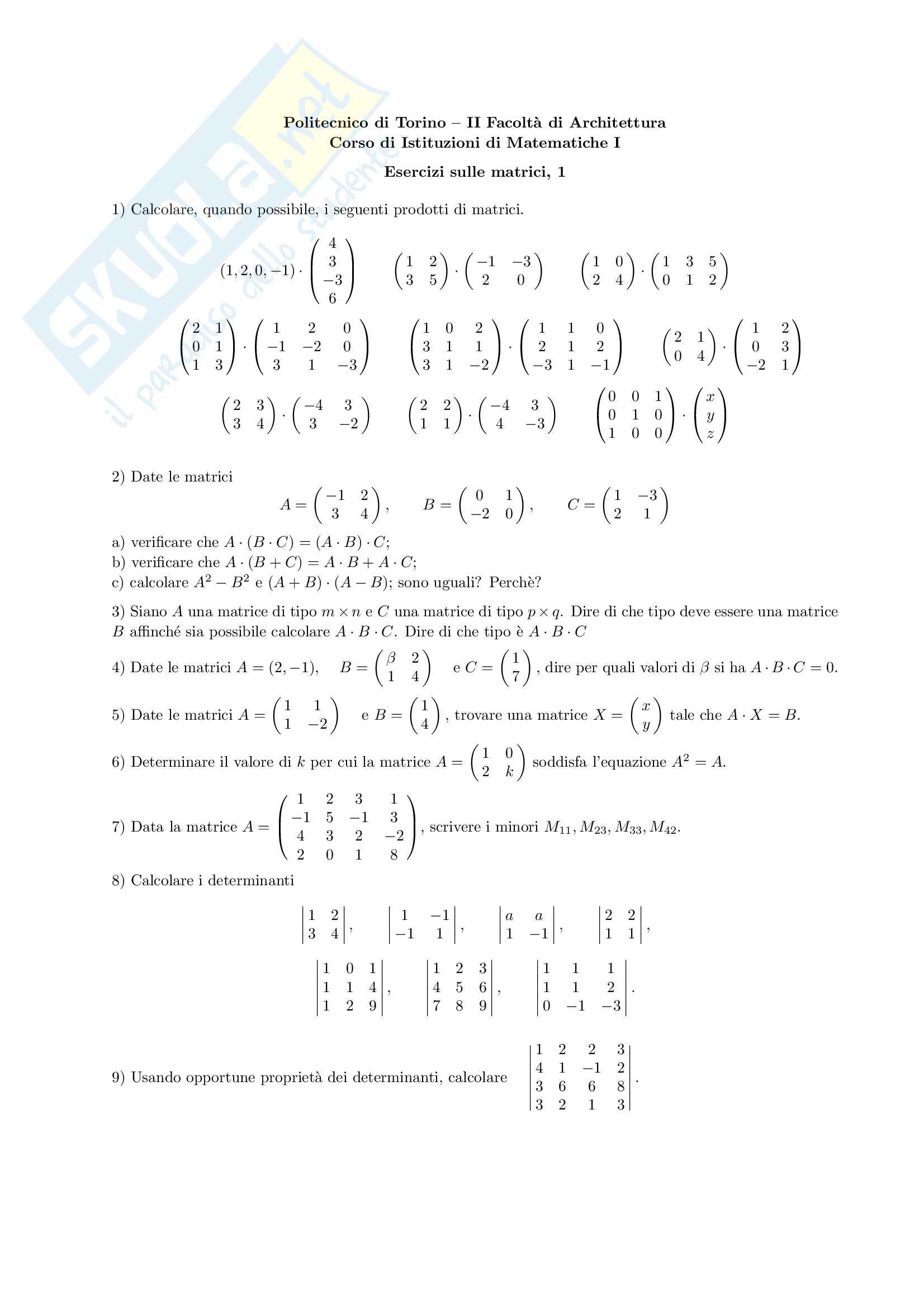 Matematica generale - esercizi sulle matrici