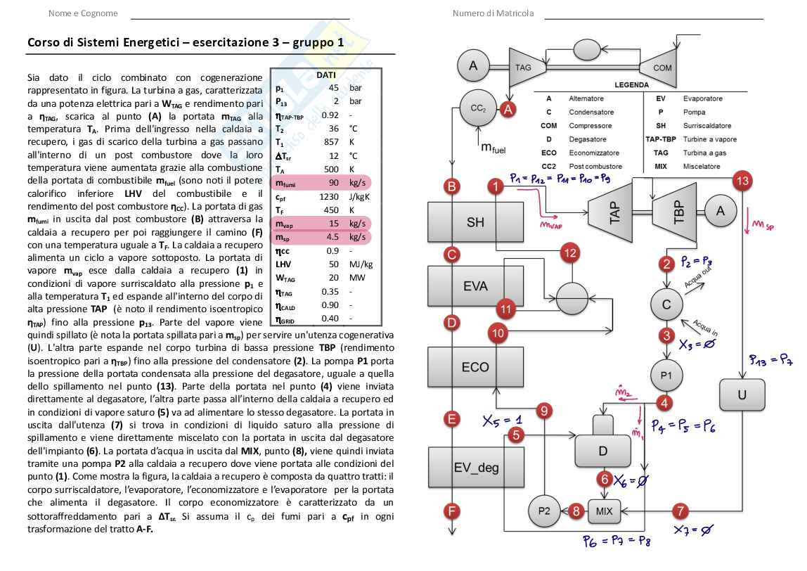 Esercizi Cicli combinati e cogenerazione (sistemi energetici)