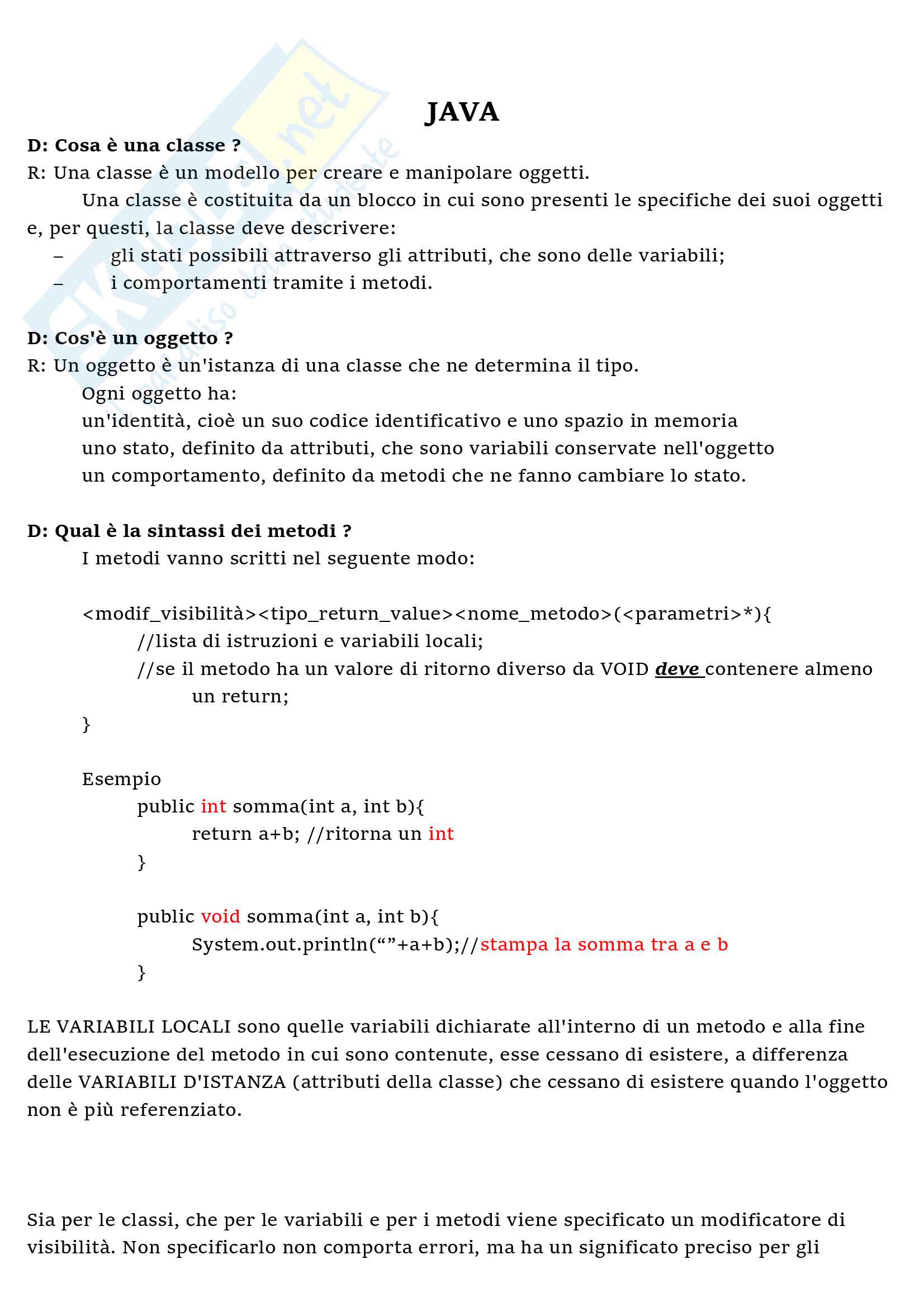 JAVA Prima Parte: Appunti di programmazione