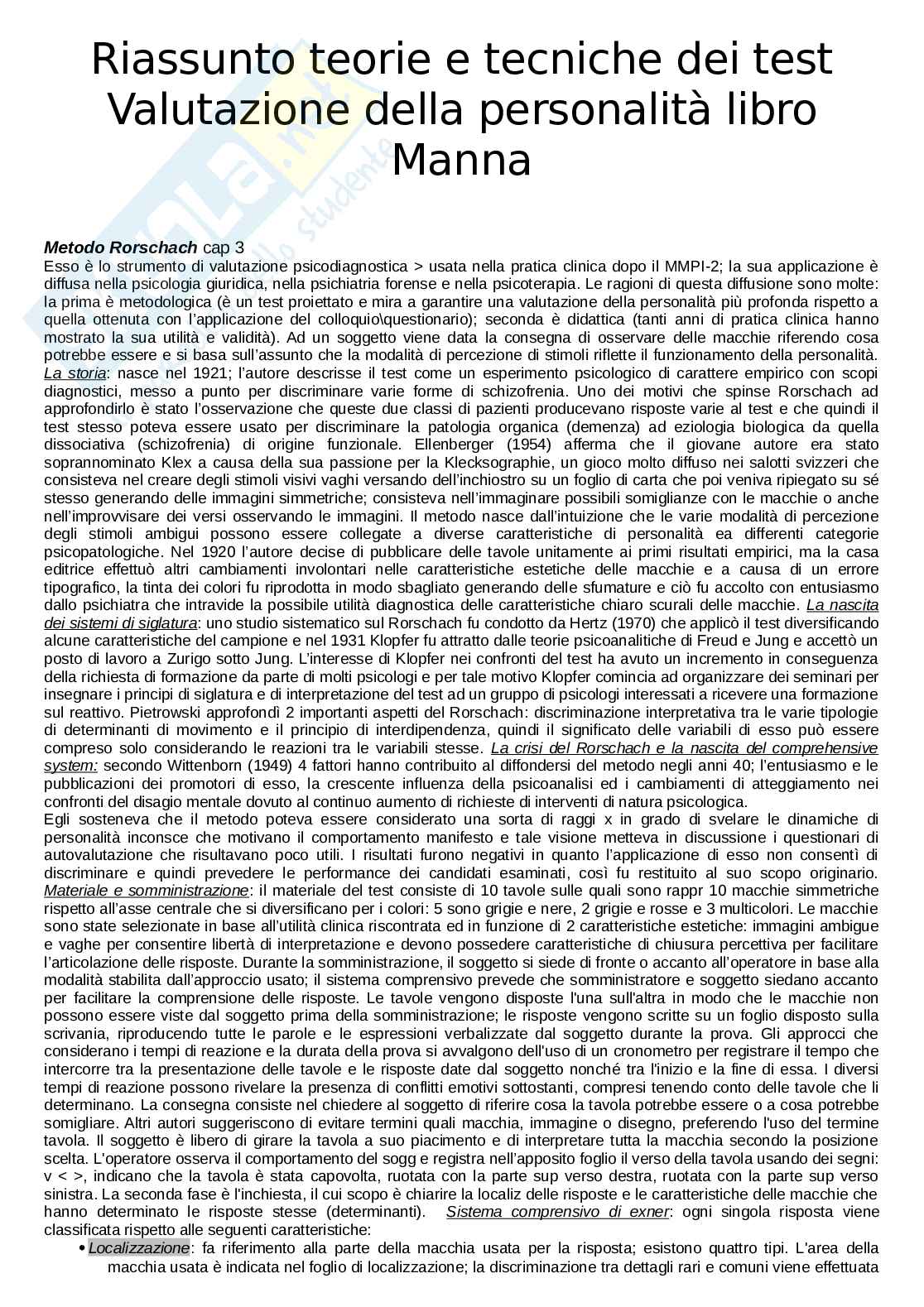 Riassunto teorie e tecniche dei test esame finale