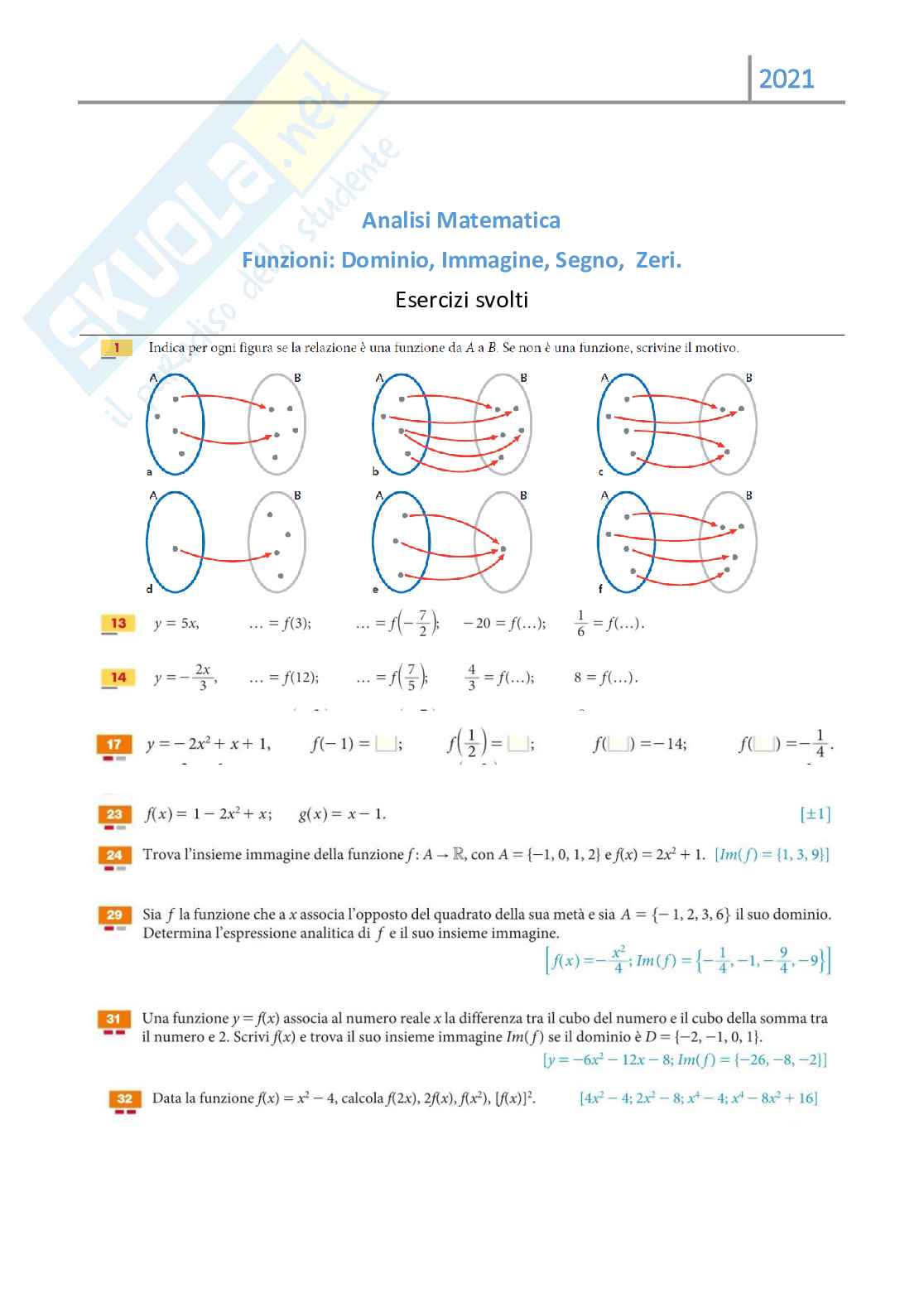 Funzioni: dominio, immagine, segno, zeri - Esercizi Svolti