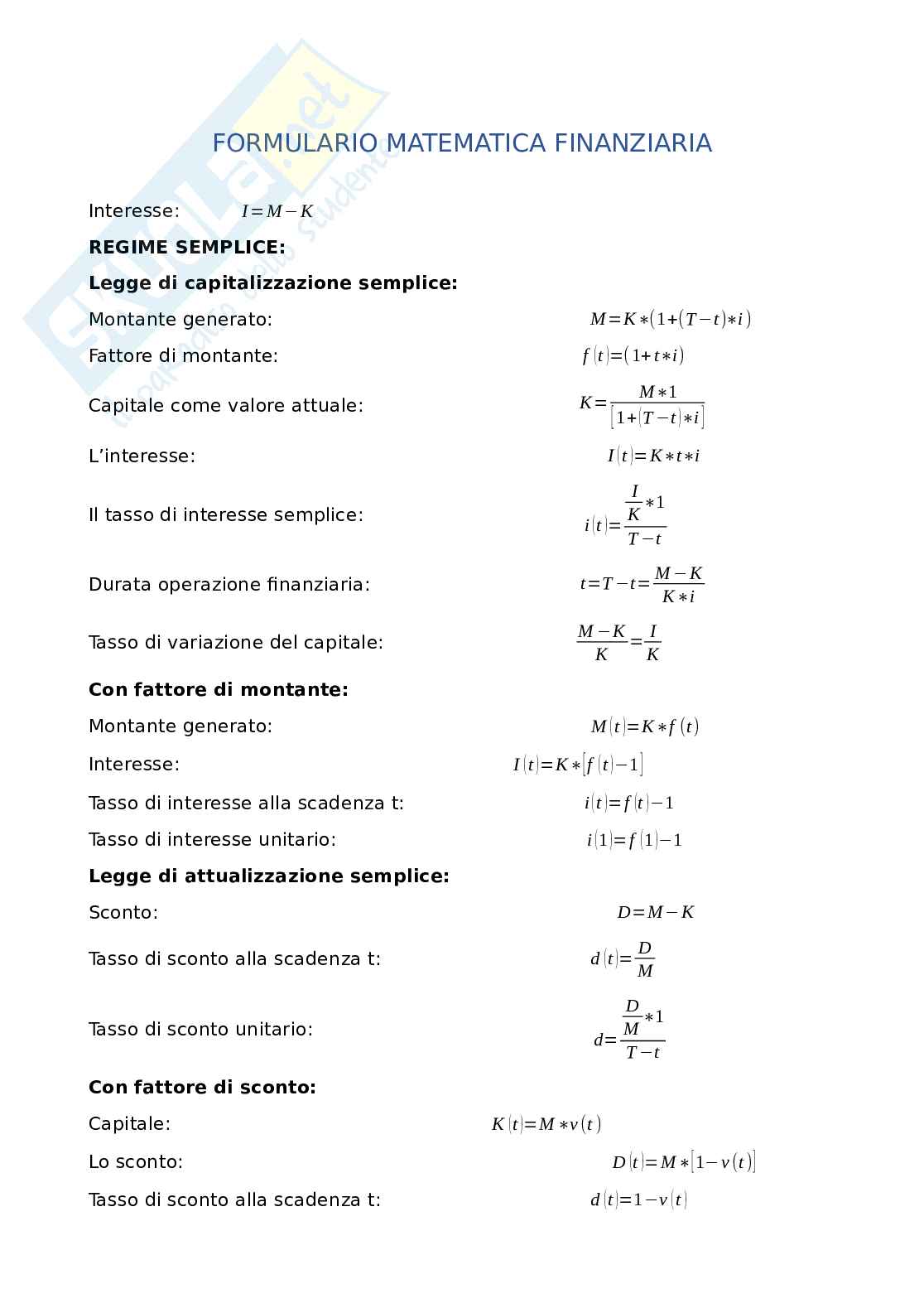 Formulario completo per l'esame di Matematica finanziaria