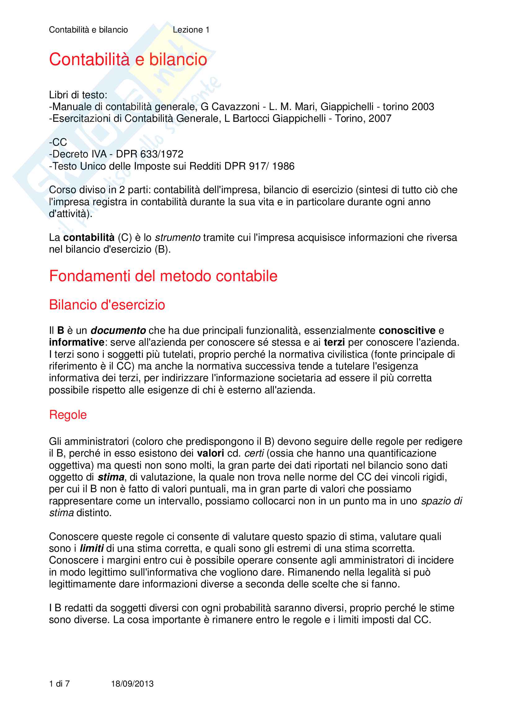 Contabilità generale: Appunti di contabilità e bilancio