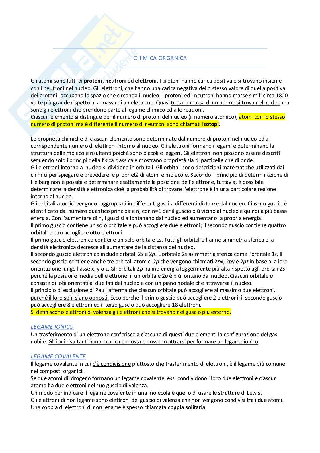Riassunto esame Chimica organica, Prof. Laghi Luca, libro consigliato Fondamenti di chimica ...